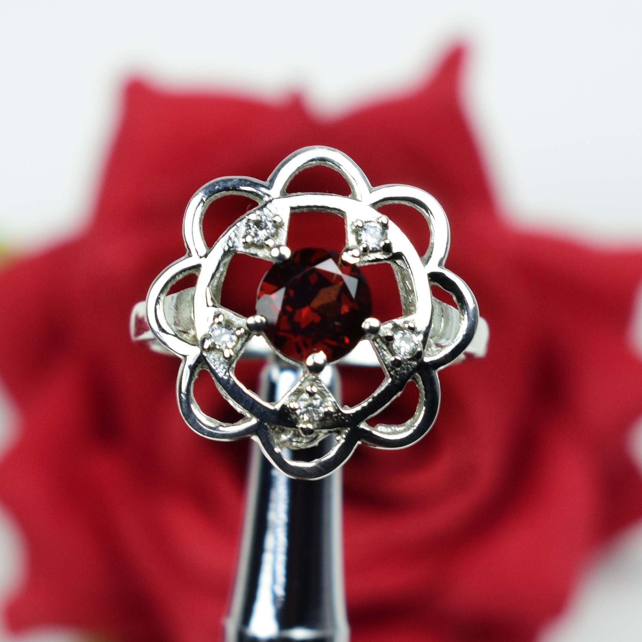 Flower Red Garnet Ring, 925 Sterling Silver Ring, Red Stone Ring ...