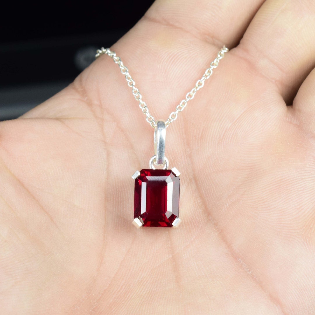 Natural Red Ruby Emerald Cut Gemstone Necklace, Ruby 925 Starling ...