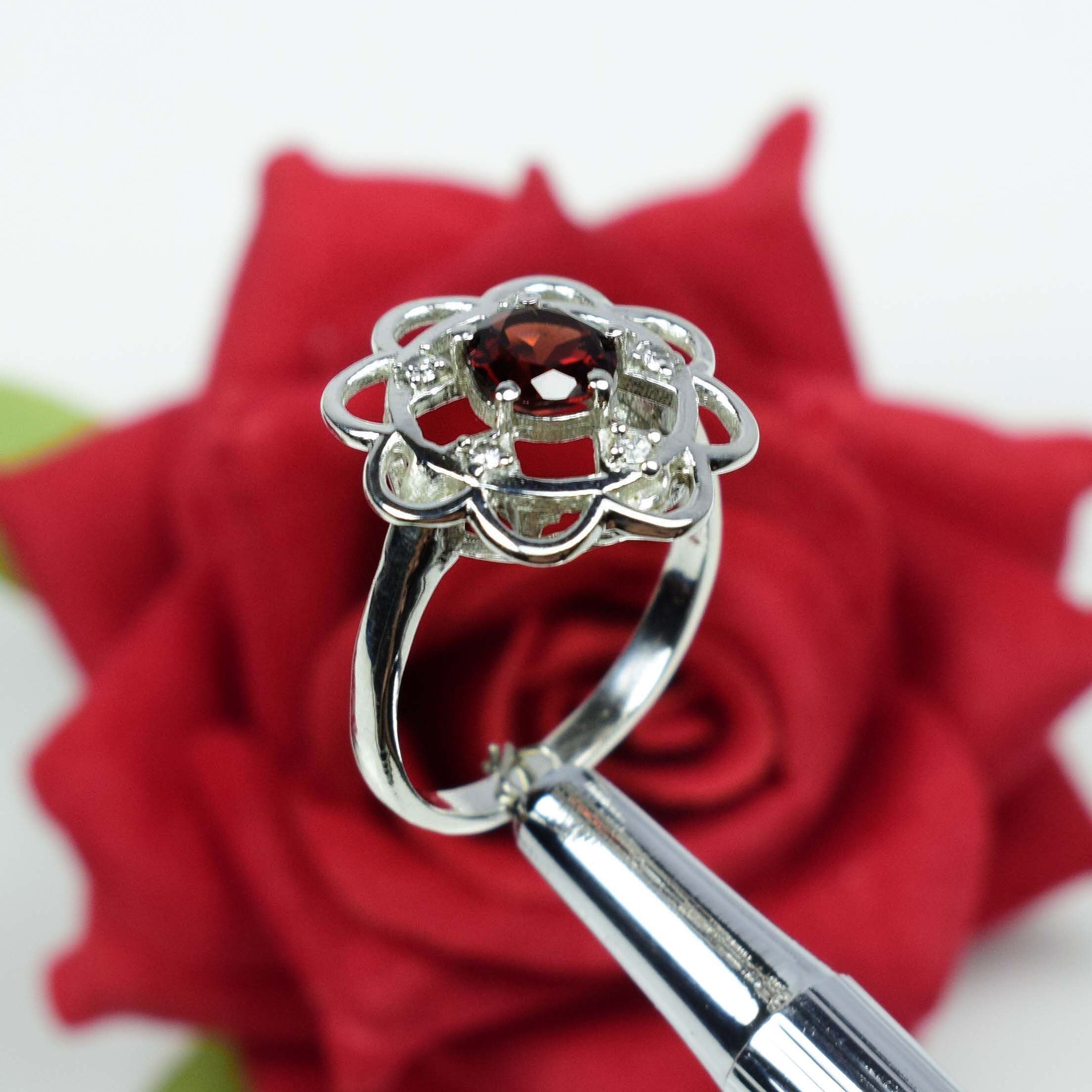 Flower Red Garnet Ring, 925 Sterling Silver Ring, Red Stone Ring ...
