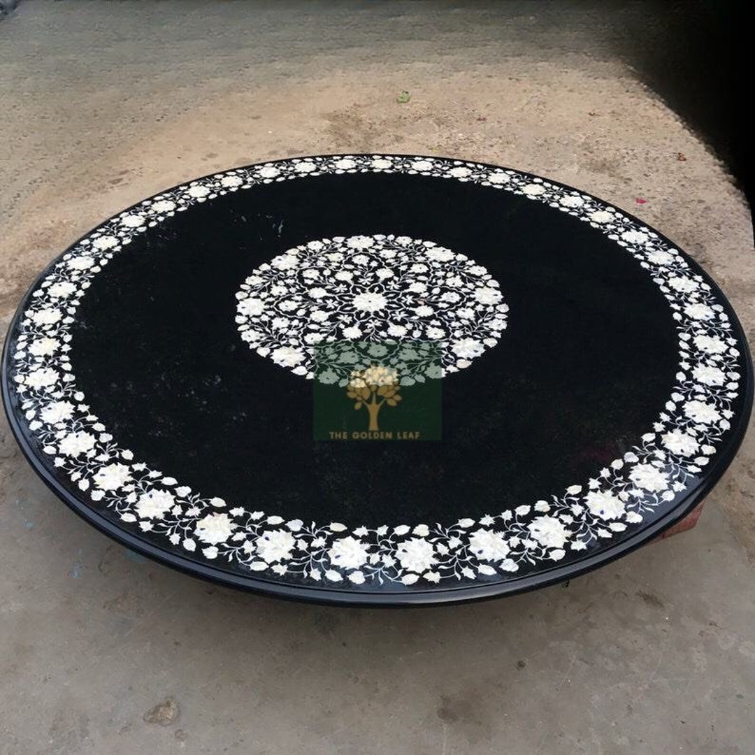 Black Marble Round Table With Semi Precious Stones Handicraft Inlay ...