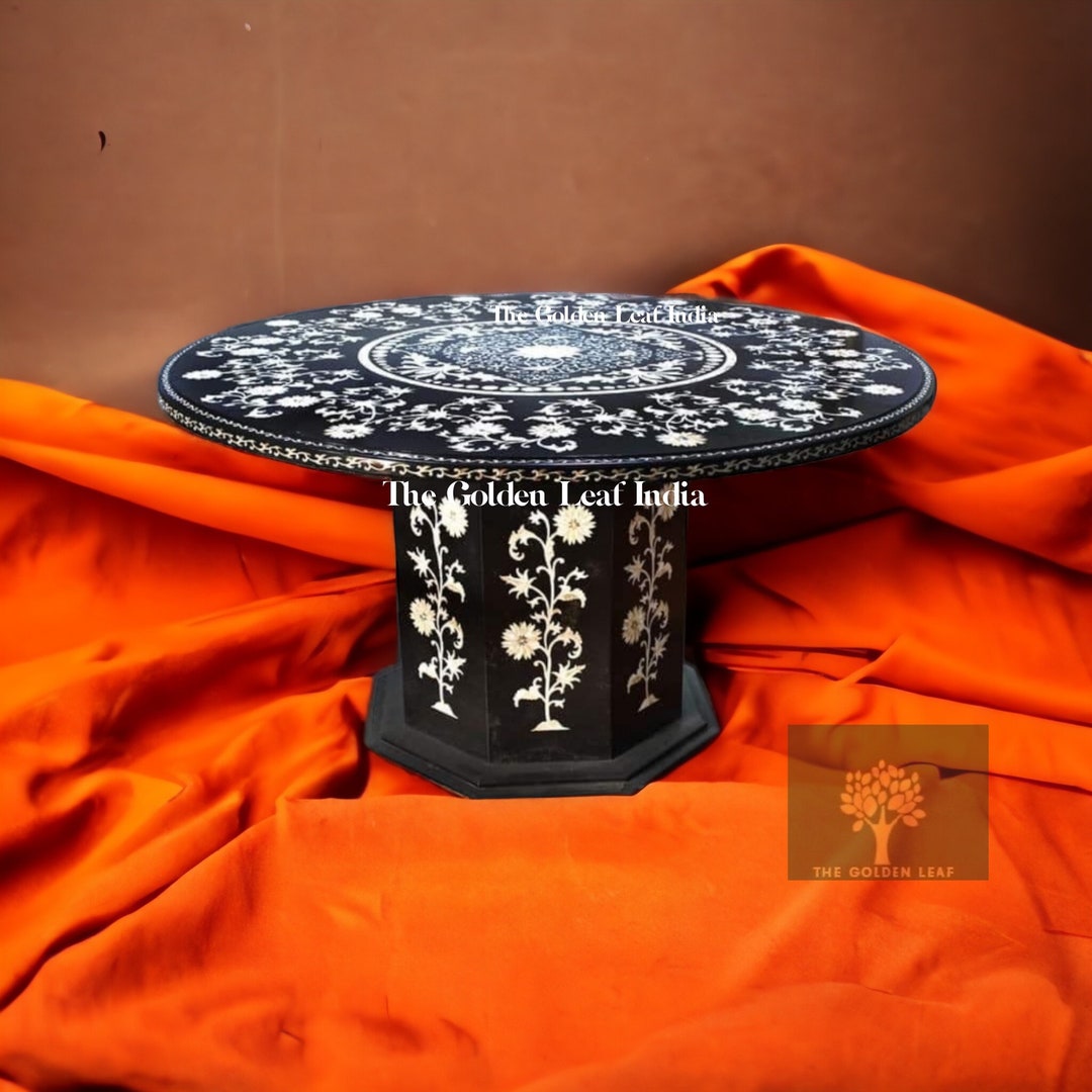 Mother of Pearl Inlay Work Table, Black Round Table Top, Semi Precious ...