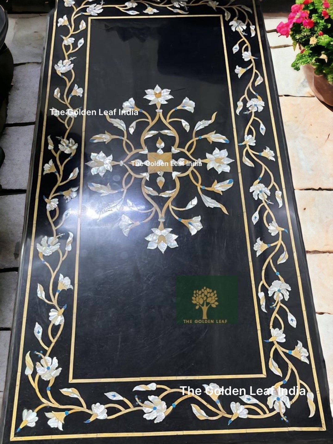 Black Pietra Dura Table, Mother Pearl and Golden Floral Table Top With ...