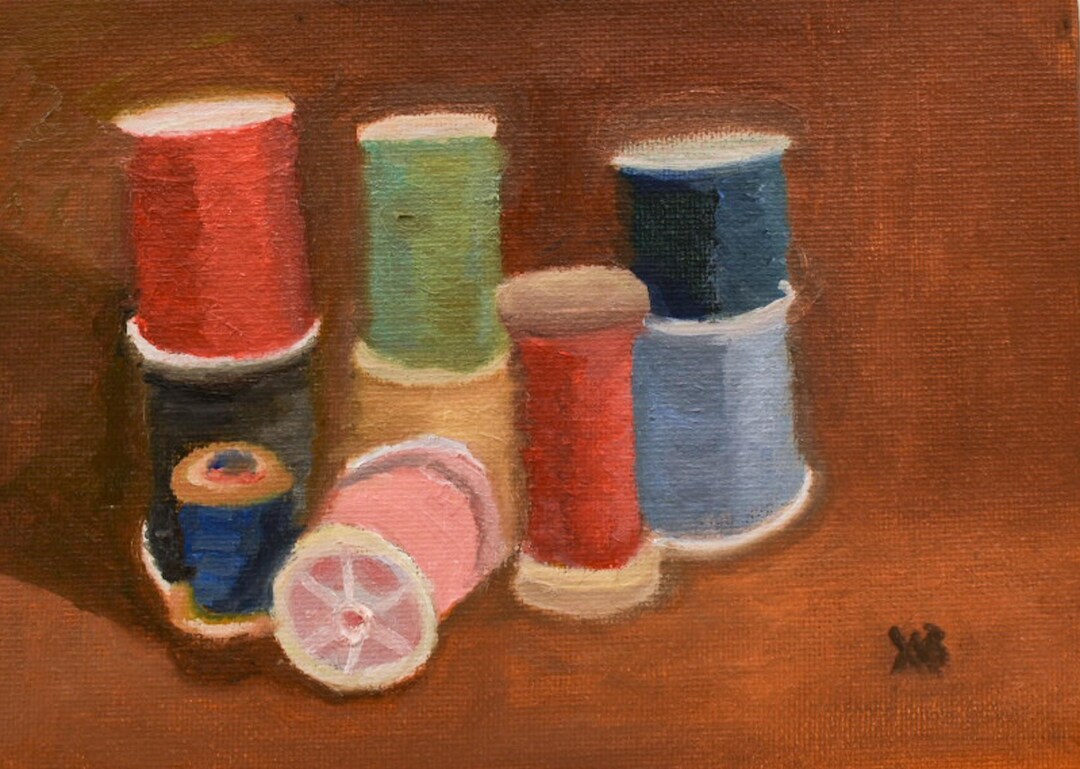 Original Oil Painting, Wall Decor, Spools of Thread,, Still Life ...