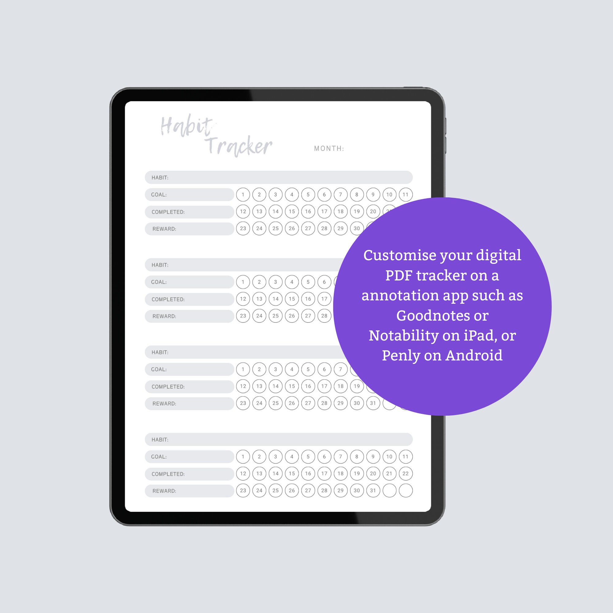 Monthly Habit Tracker, Progress Tracker, Undated Tracker, iPad Tracker ...