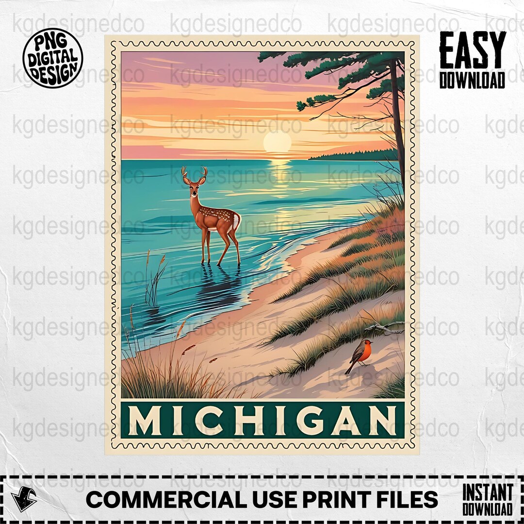 Michigan Stamp PNG, Lake Michigan Sunset, Deer, Robin (digital Download ...
