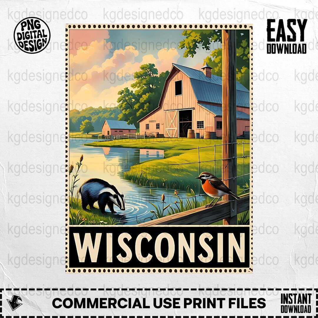 Wisconsin Barn Landscape Art Print | Badger, Robin, Lake (digital ...