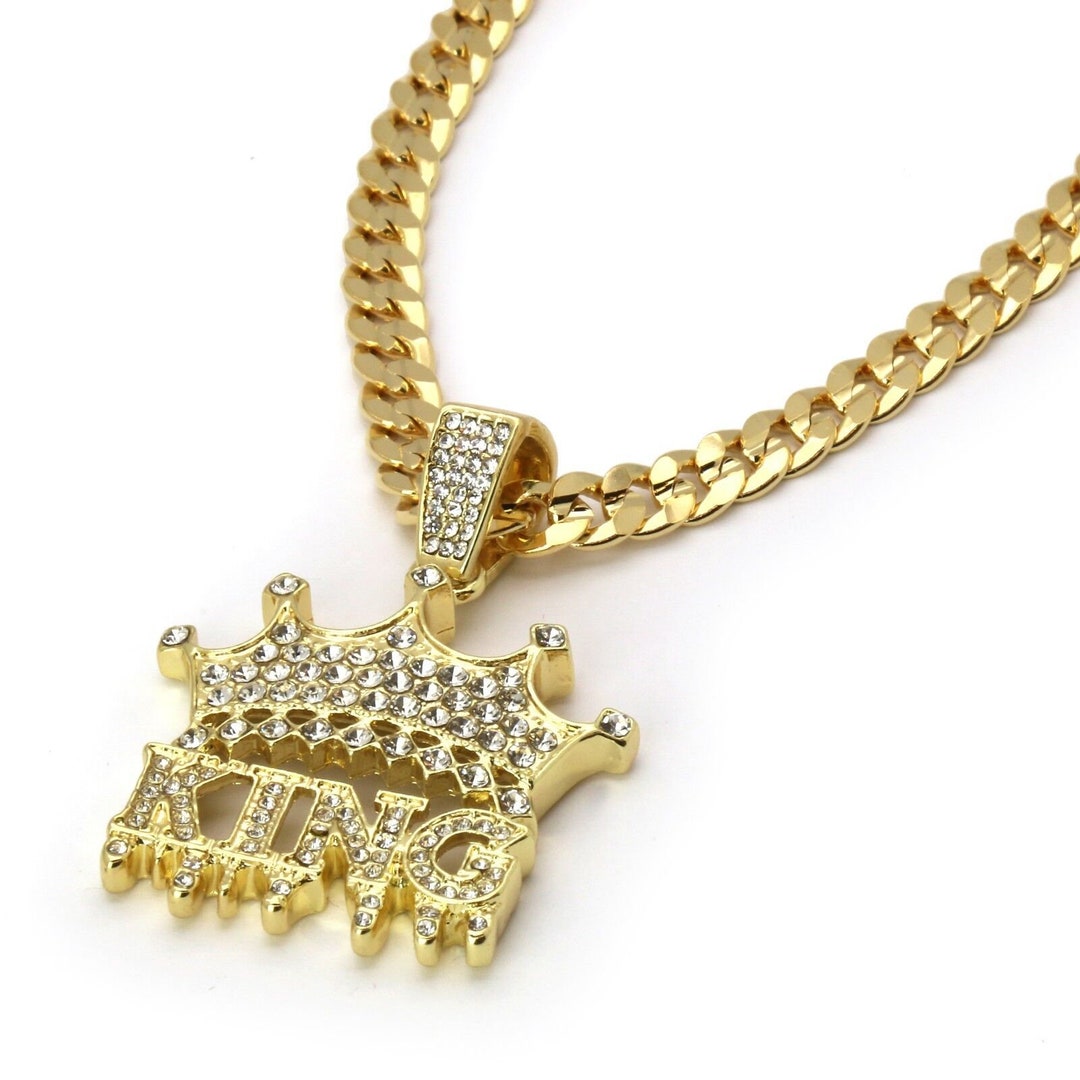 Necklace Fashion Mens 14k Gold Plated Hip Hop KING, Pendant Cubic ...