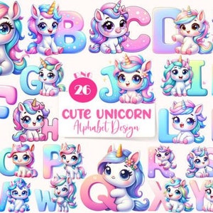 Cute Unicorn Alphabet Letters Clipart, Unicorn Birthday PNG, Doodle ...