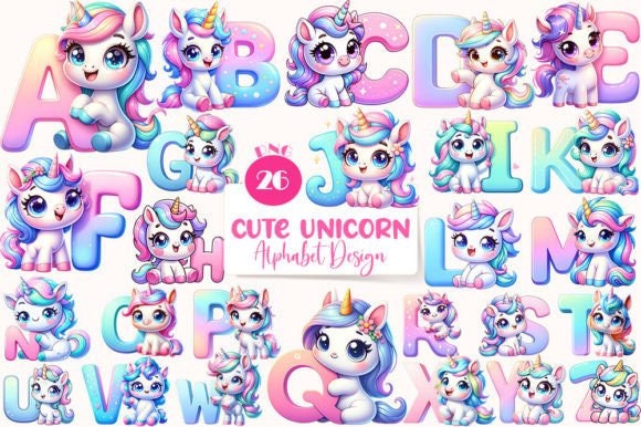 Cute Unicorn Alphabet Letters Clipart, Unicorn Birthday PNG, Doodle ...
