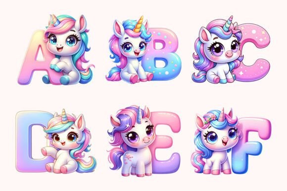 Cute Unicorn Alphabet Letters Clipart, Unicorn Birthday PNG, Doodle ...