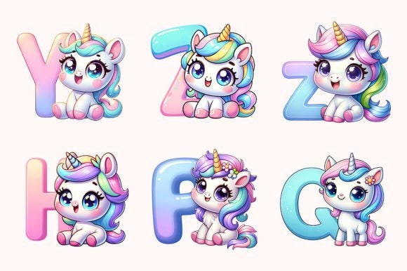 Cute Unicorn Alphabet Letters Clipart, Unicorn Birthday PNG, Doodle ...