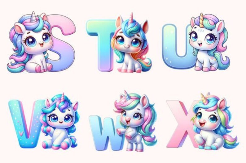 Cute Unicorn Alphabet Letters Clipart, Unicorn Birthday PNG, Doodle ...