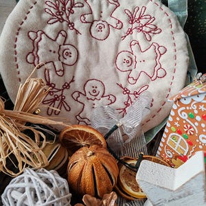 Gingerbread Girl Redwork Primitive Stitchery Candlemat, Hand Embroidery ...