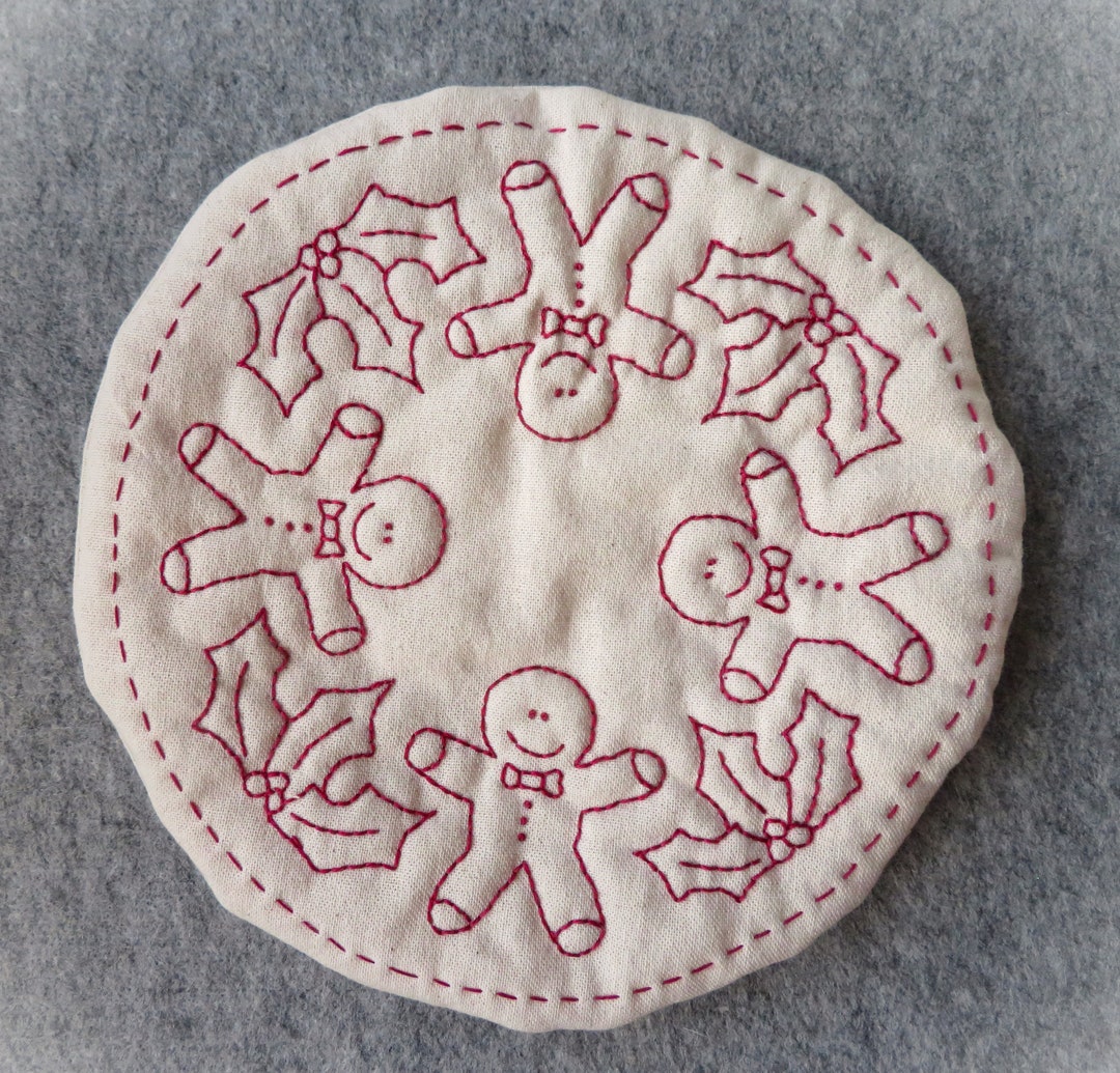Gingerbread Man Candlemat Redwork Primitive Stitchery, Hand Embroidery ...