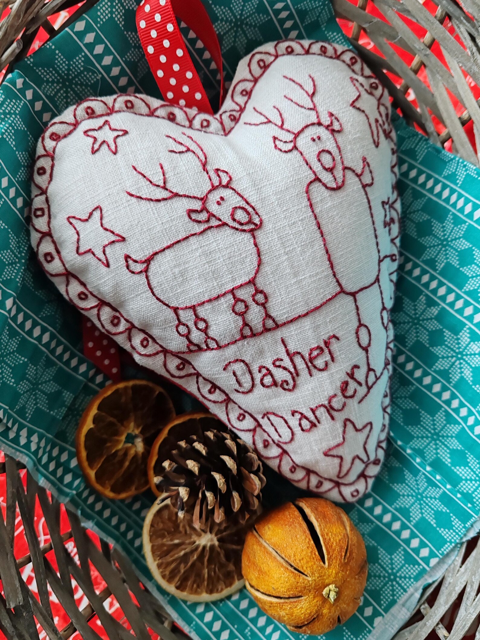 Dasher & Dancer Reindeer Redwork Stitchery Hanging Heart, Hand ...