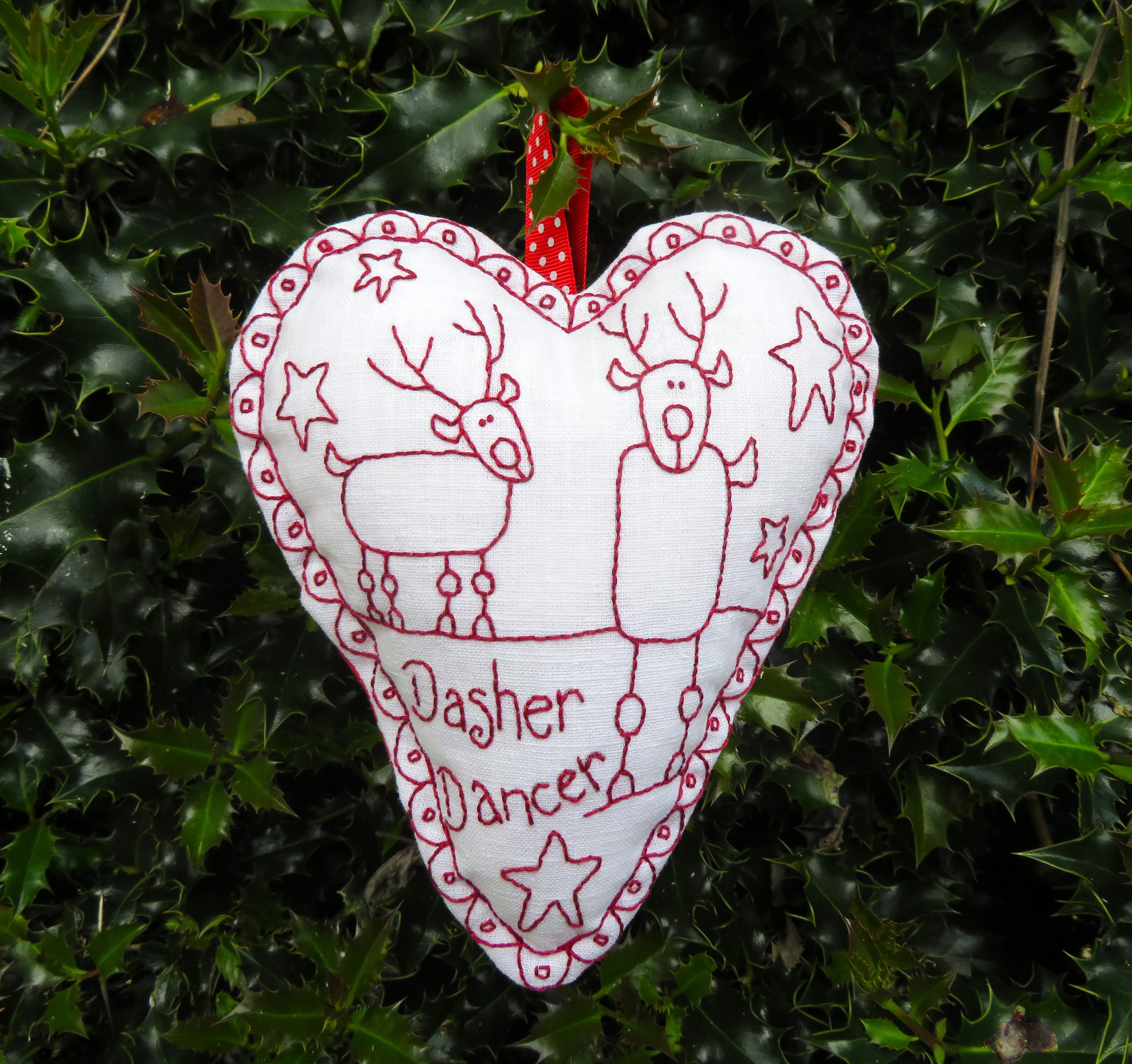 Dasher & Dancer Reindeer Redwork Stitchery Hanging Heart, Hand ...