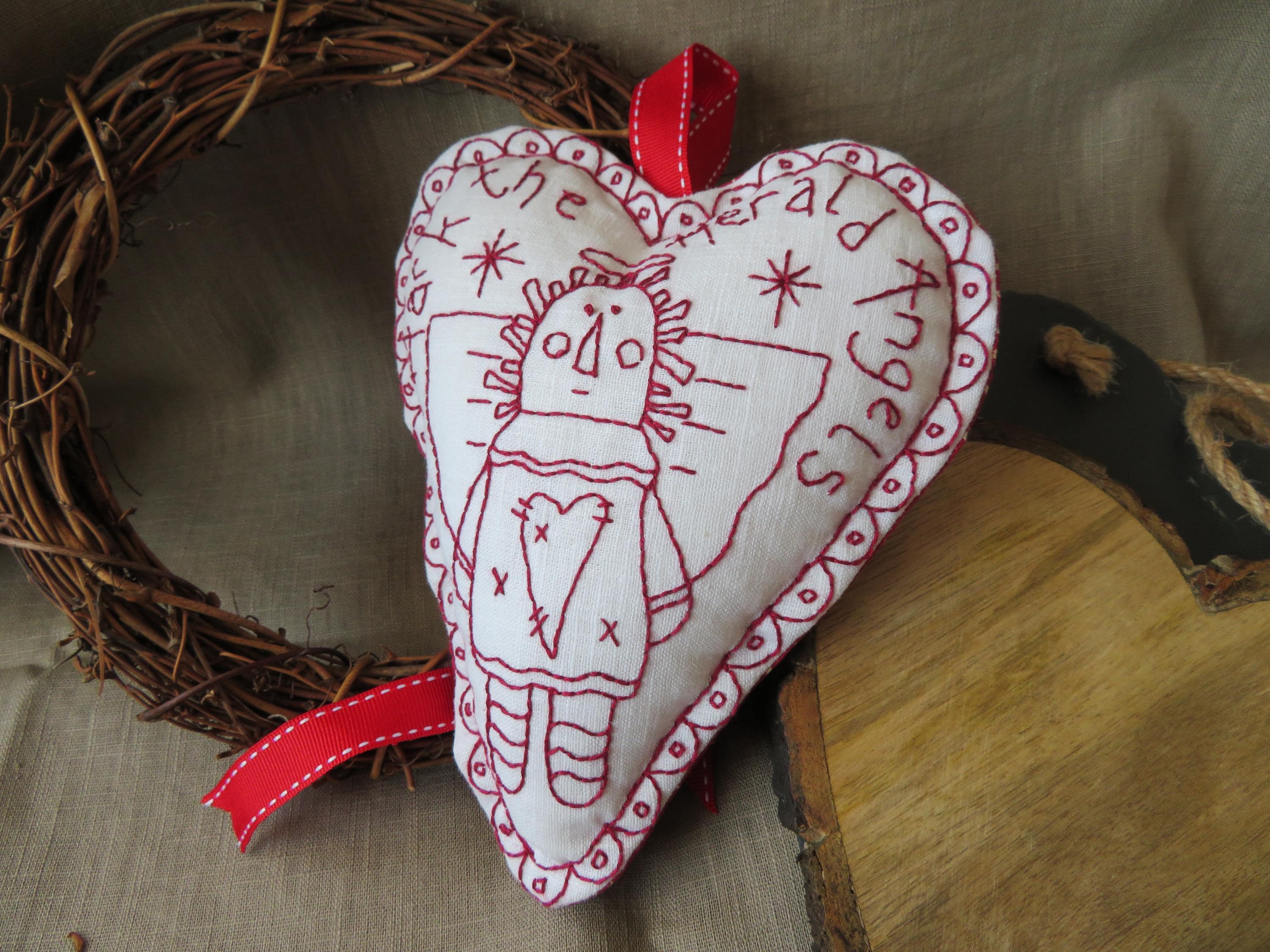 Primitive Stitchery Angel Hanging Heart, Hand Embroidery Instant ...