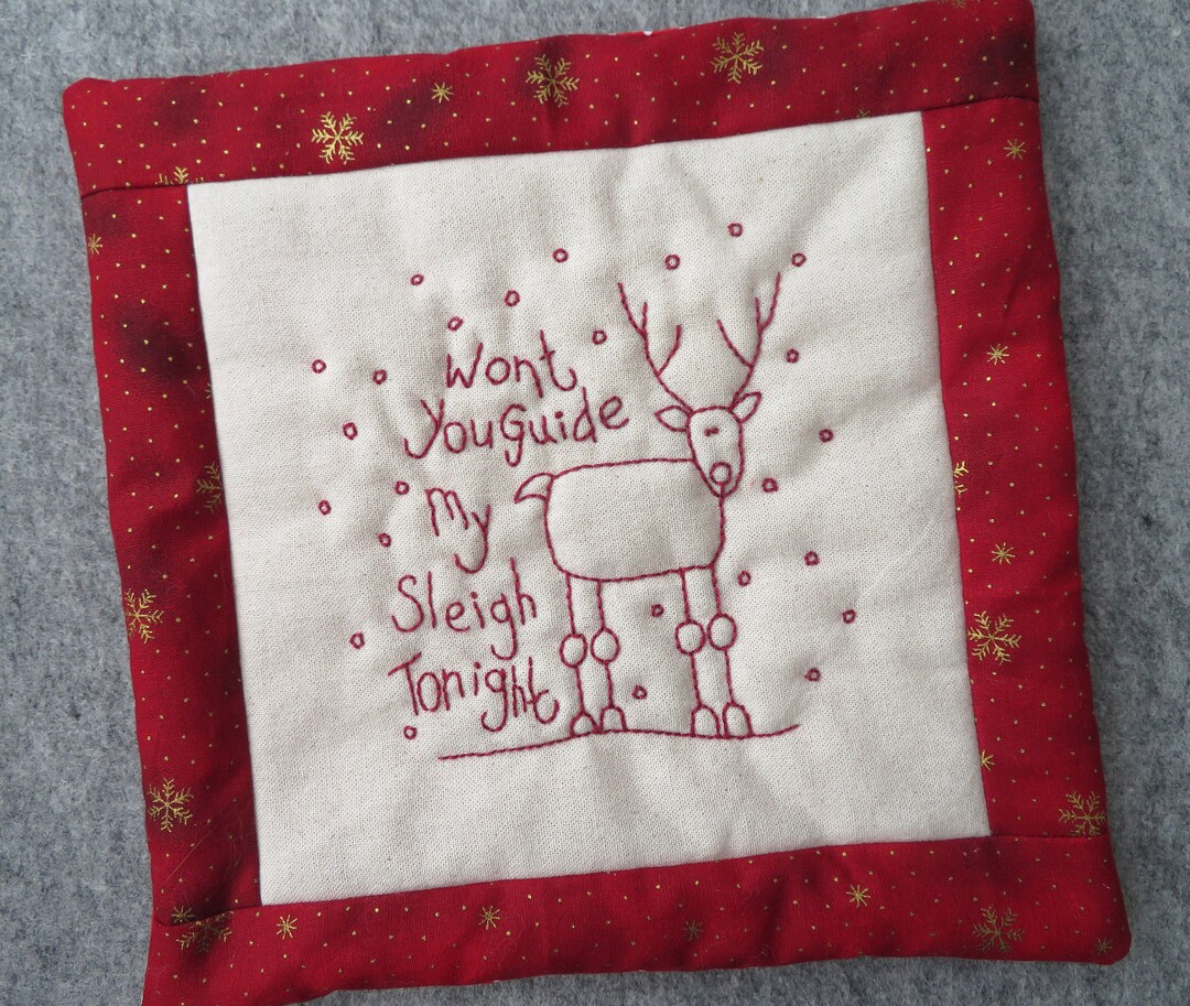 Wont You Guide My Sleigh Tonight Primitive Stitchery Candlemat, Hand ...