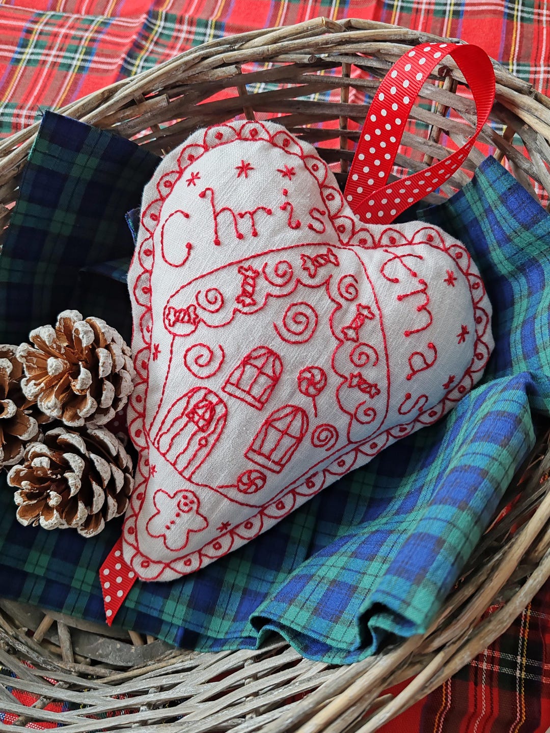 Christmas Gingerbread House Redwork Hanging Heart Stitchery, Hand ...