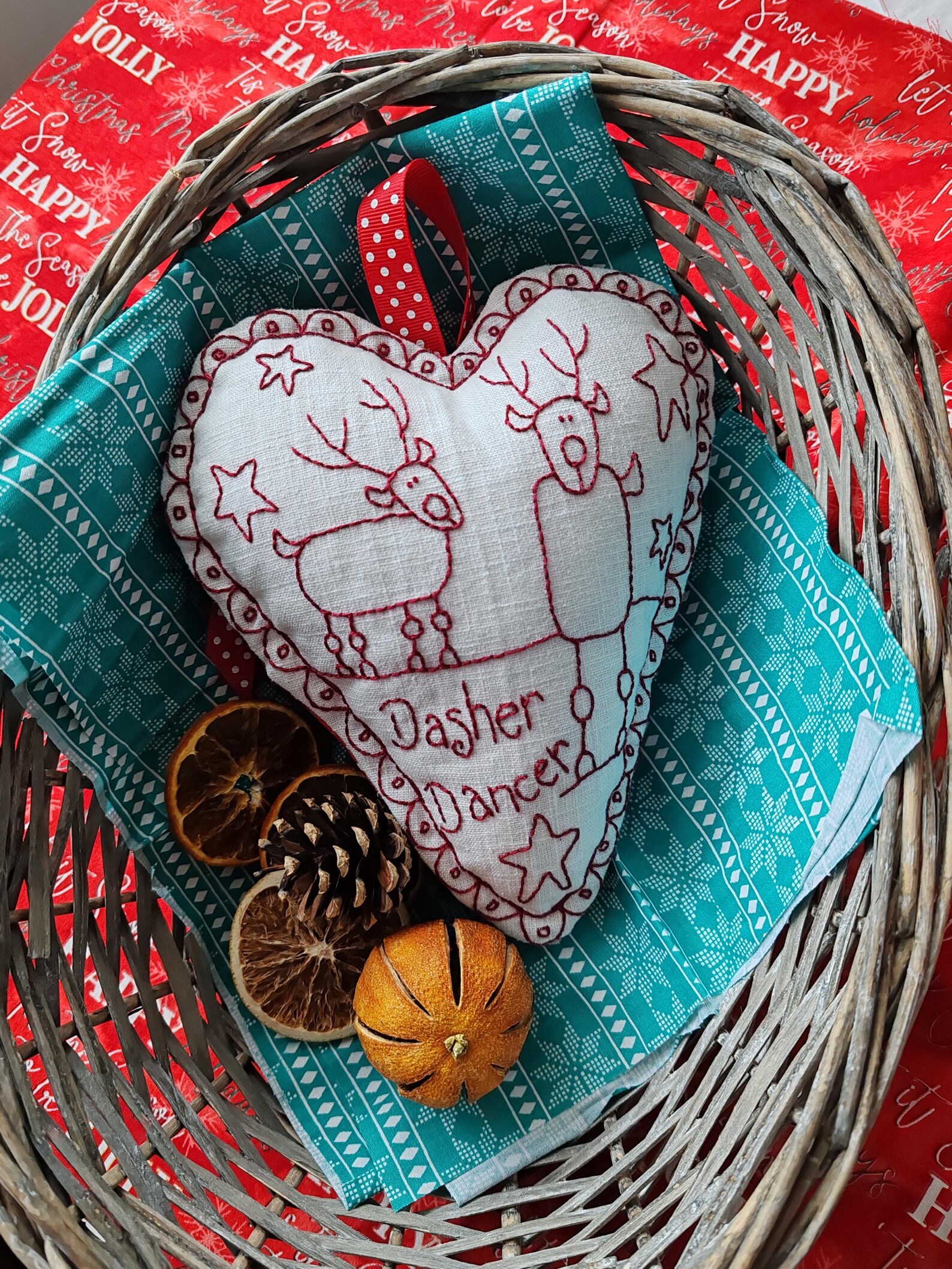 Dasher & Dancer Reindeer Redwork Stitchery Hanging Heart, Hand ...