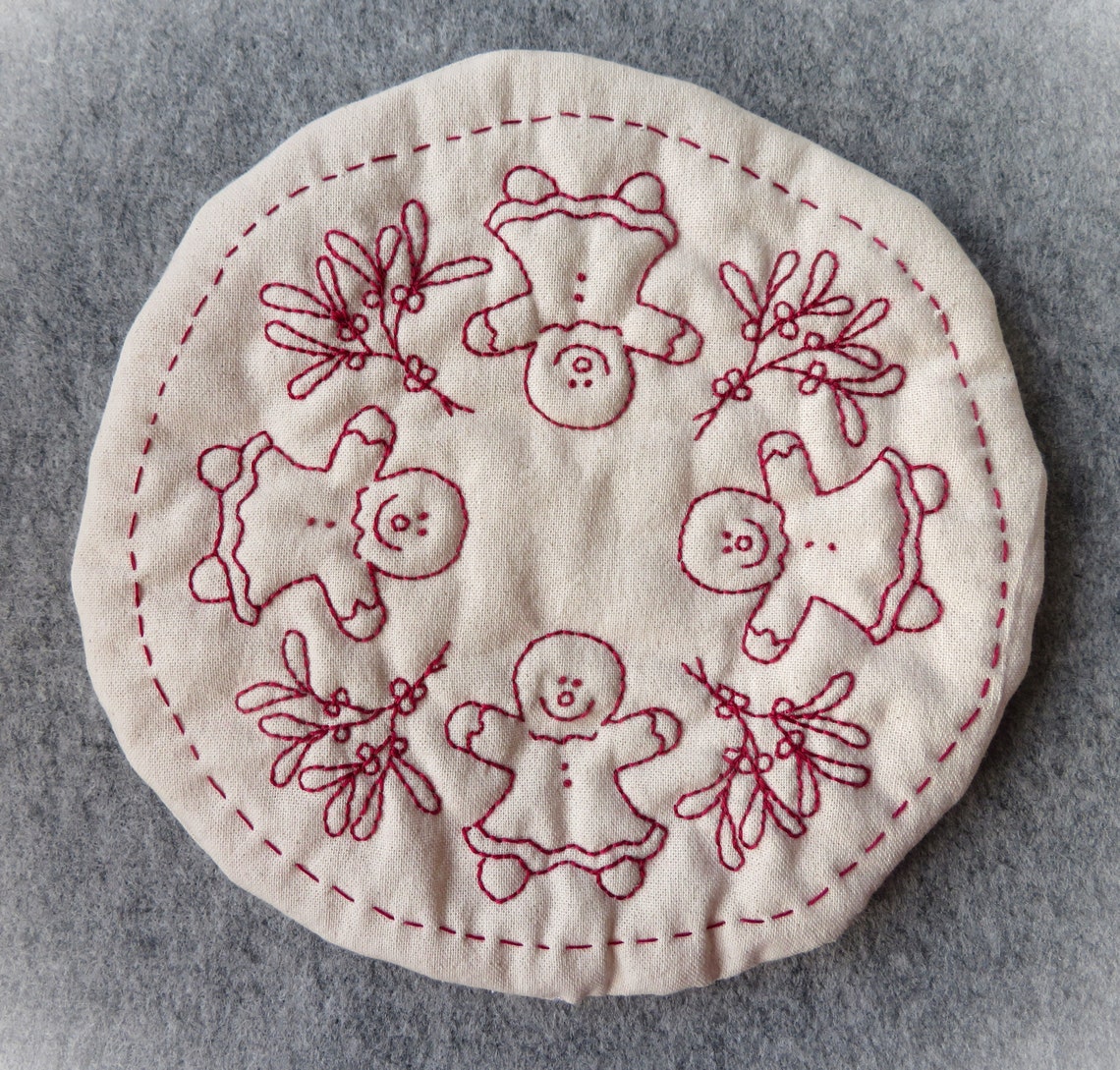 Gingerbread Girl Redwork Primitive Stitchery Candlemat, Hand Embroidery ...
