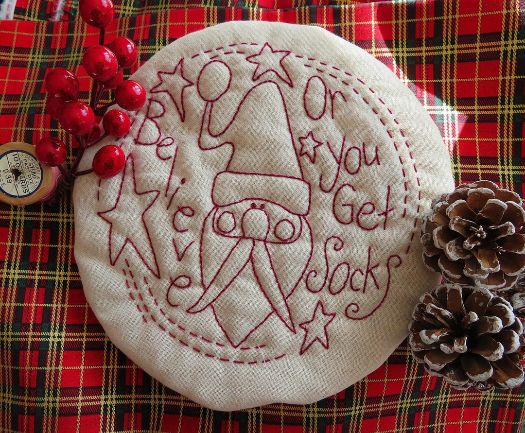 Believe or You Get Socks, Redwork, Stitch, Primitive Candlemat, Cushion ...
