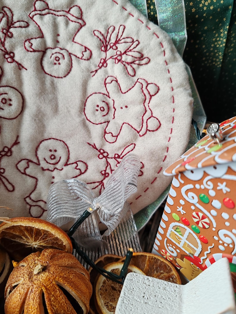 Gingerbread Girl Redwork Primitive Stitchery Candlemat, Hand Embroidery ...