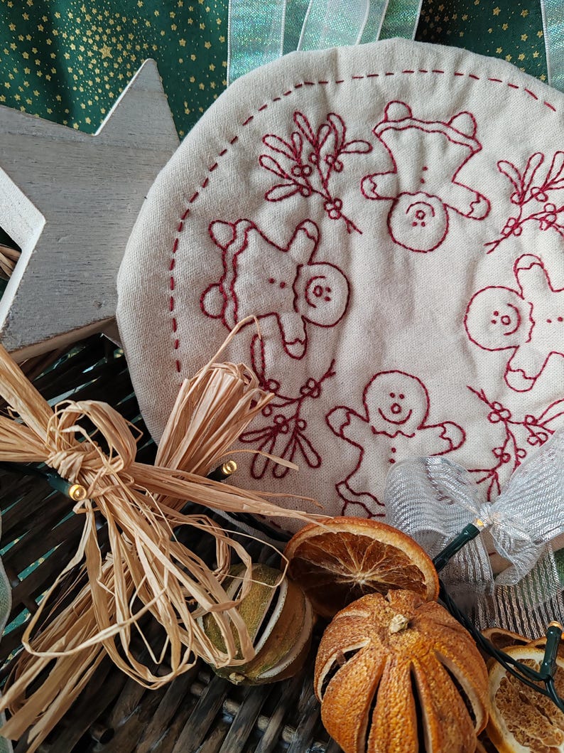 Gingerbread Girl Redwork Primitive Stitchery Candlemat, Hand Embroidery ...