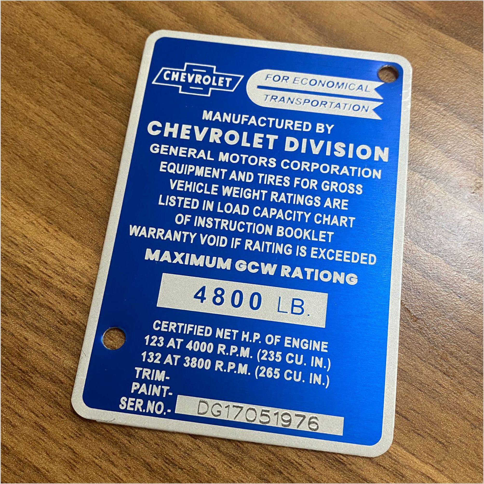 Information Plate for Vintage Chevy Pickup Truck 1947-1950, Chevrolet ...