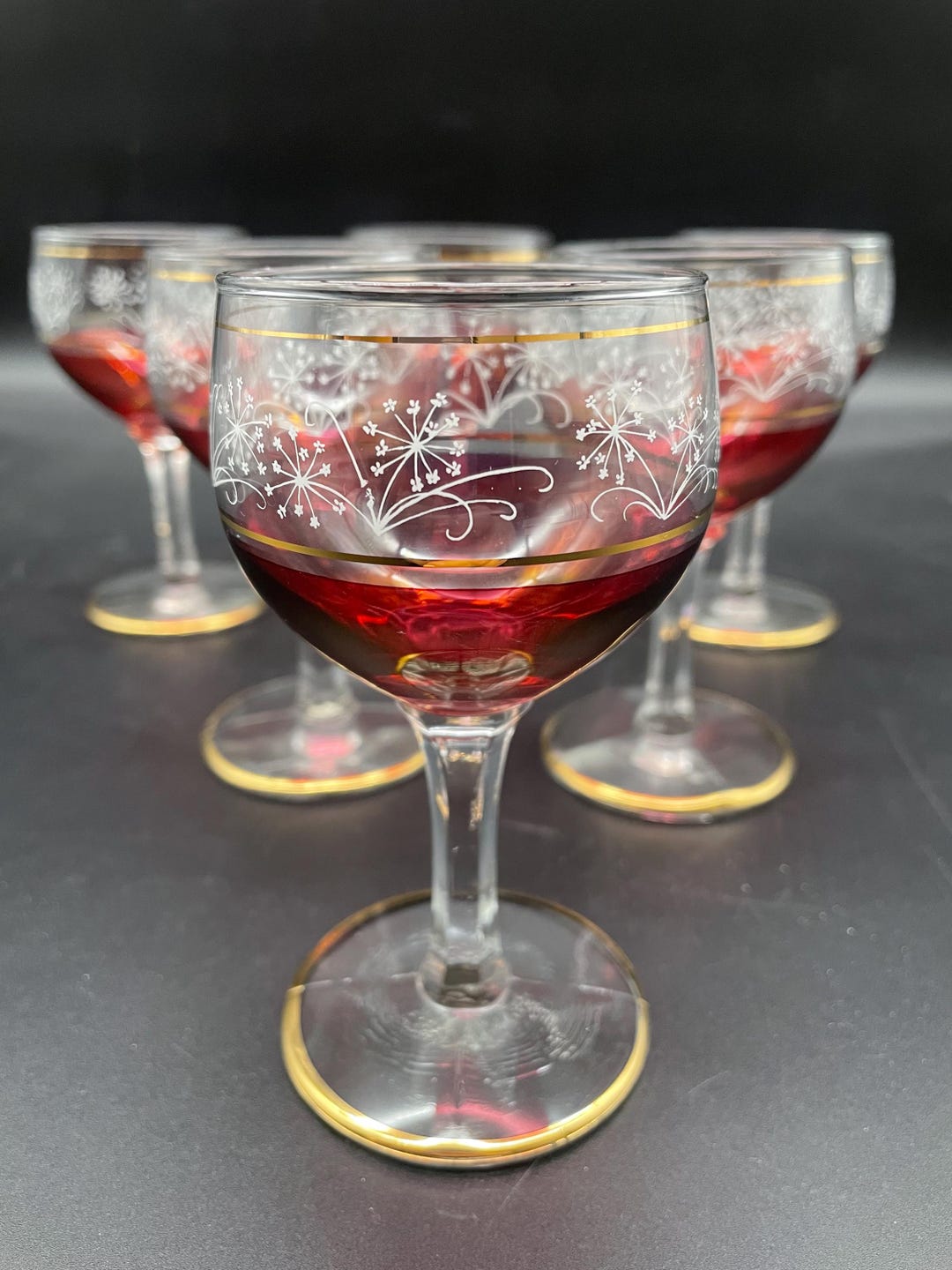 6 Vintage Ruby Red Tinted Wine Glasses With Gold Gilded Trim - Etsy