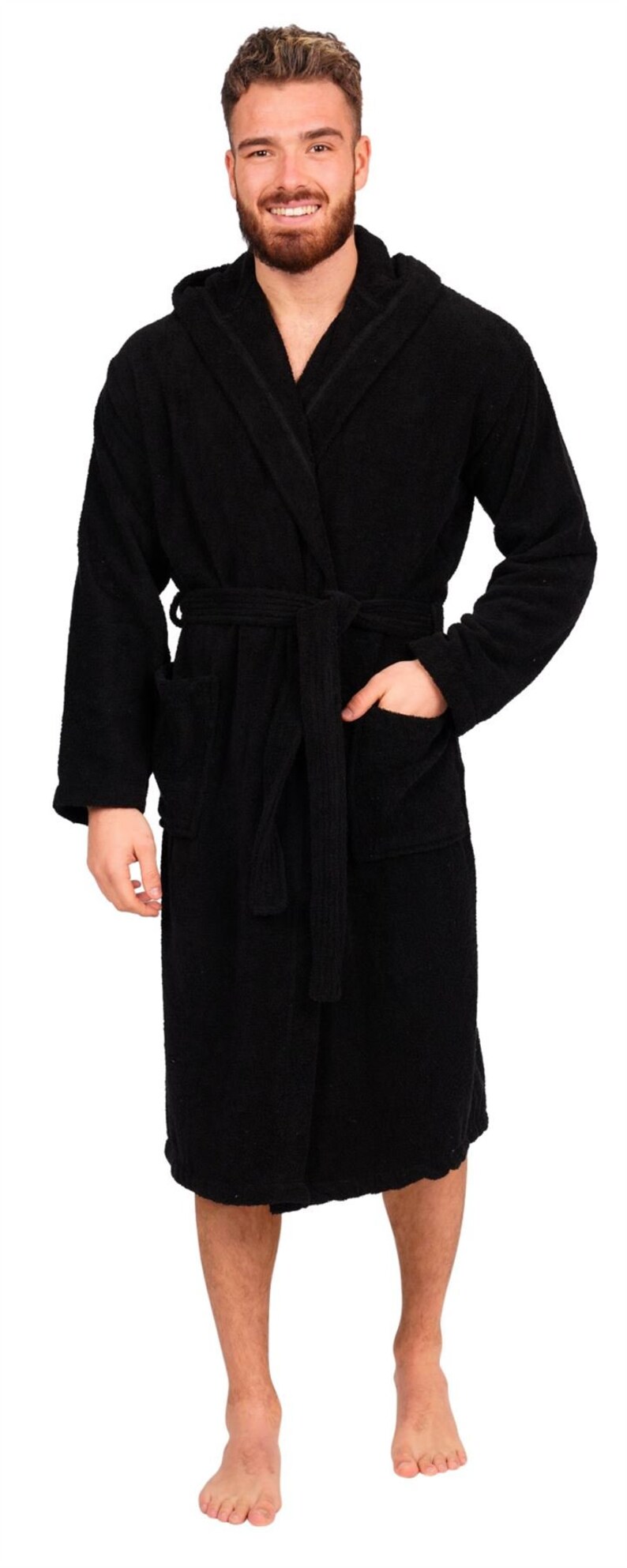 Mens 100% Cotton Hooded Bathrobe Terry Shawl Collar Bath Robe Dressing ...