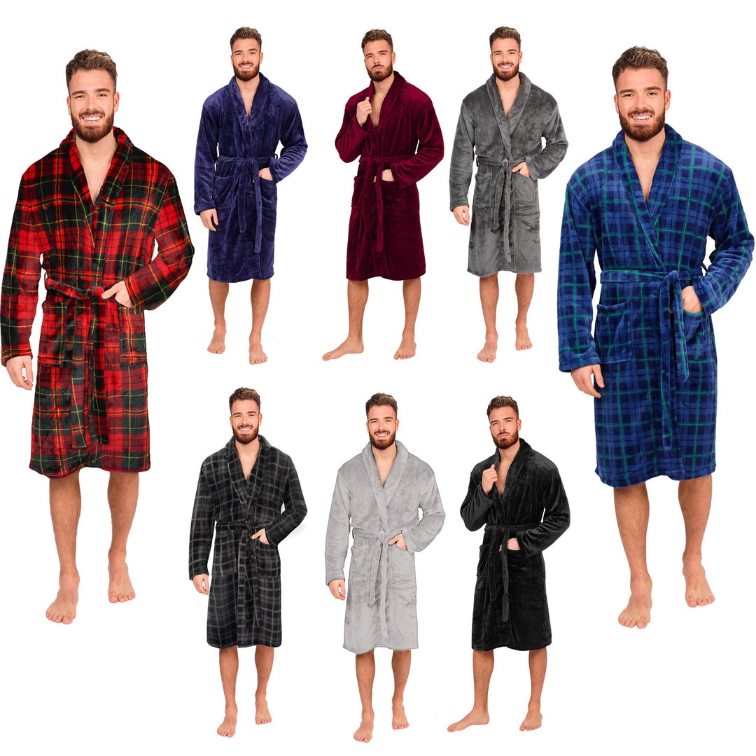 Mens Flannel Fleece Bathrobe Warm Soft Dressing Gown Bath Robe Shawl ...