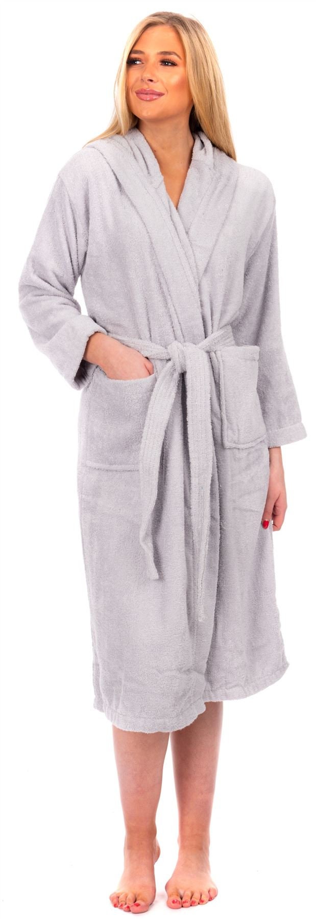 Ladies Hooded Bathrobe 100% Cotton Terry Shawl Collar Bath Robe ...