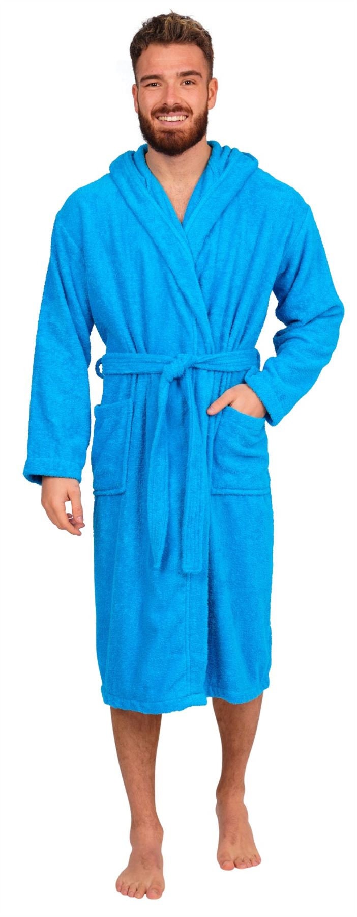 Mens 100% Cotton Hooded Bathrobe Terry Shawl Collar Bath Robe Dressing ...