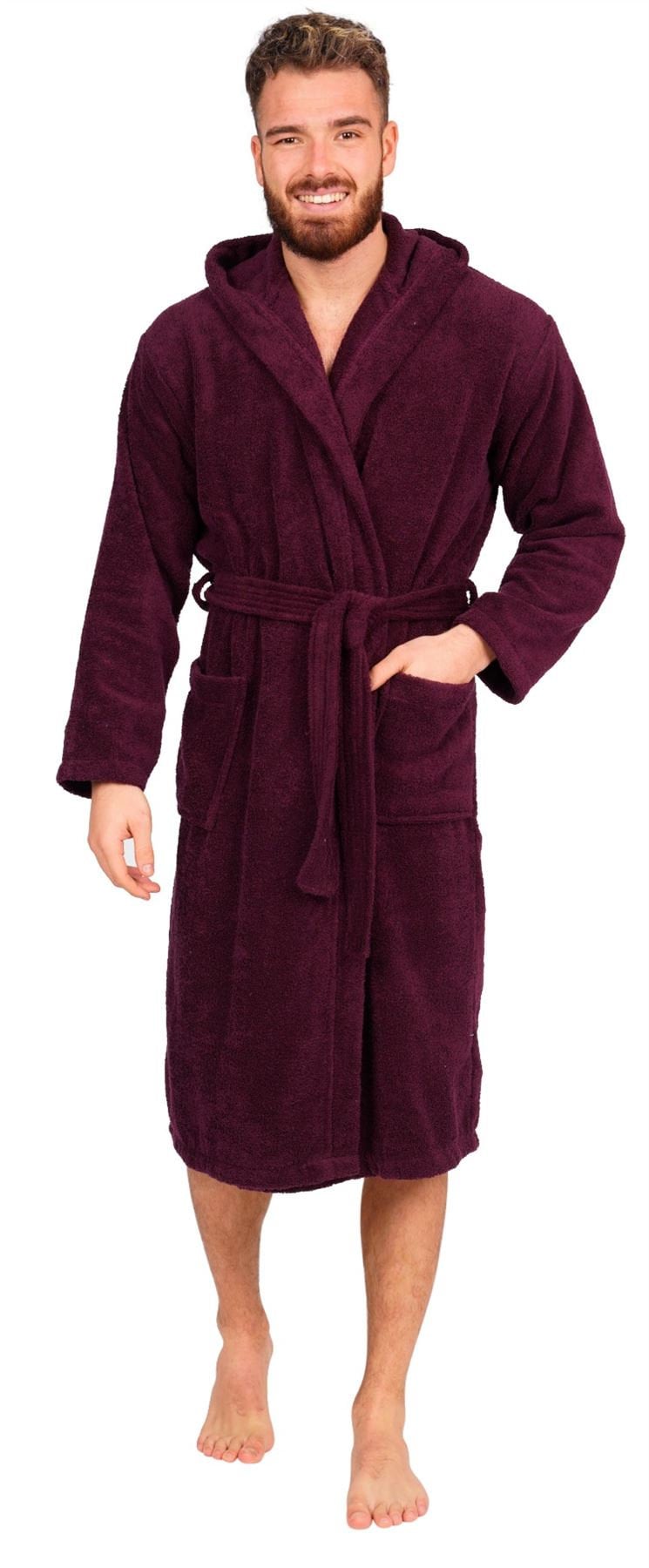 Mens 100% Cotton Hooded Bathrobe Terry Shawl Collar Bath Robe Dressing ...
