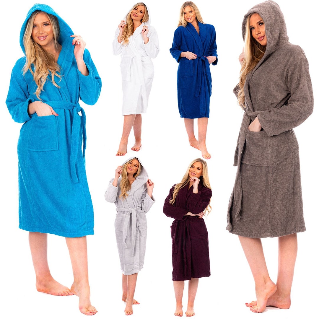 Ladies Hooded Bathrobe 100% Cotton Terry Shawl Collar Bath Robe ...