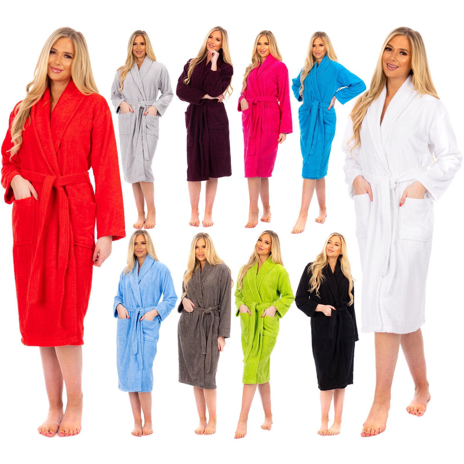 Ladies Bathrobe 100% Cotton Terry Towelling Shawl Collar Bath Robe ...