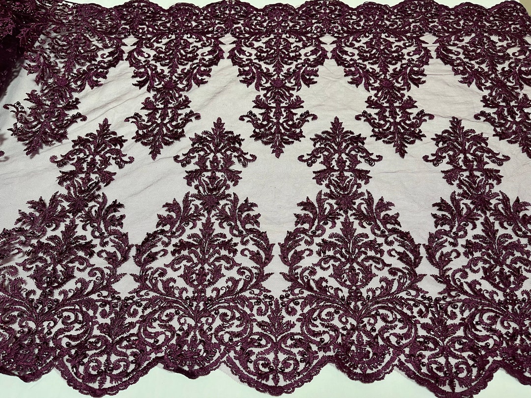 NEW High Class Double Border Damask Plum Embroidered Bead Pearl Sequins ...
