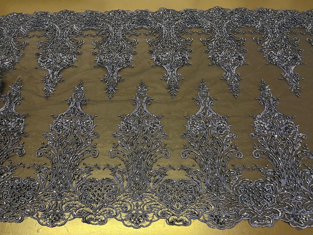 NEW High Class Navy Double Border Damask Embroidered Bead Pearl Sequins ...