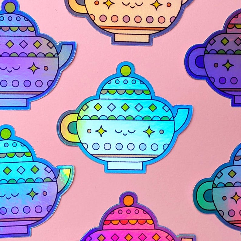 Holographic Teapot Sticker | Illustrated Tea Lover Vinyl Sticker ...