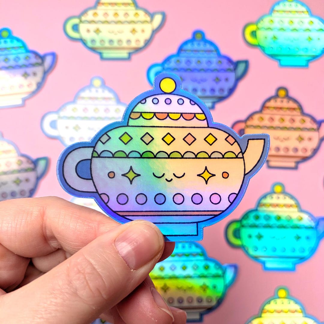 Holographic Teapot Sticker | Illustrated Tea Lover Vinyl Sticker ...