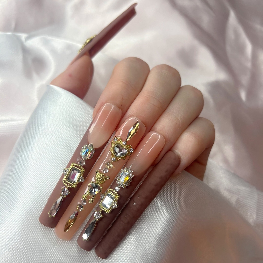XXXL Press on Nails Bling Fake Nails Extension Long Press Ons Gems ...