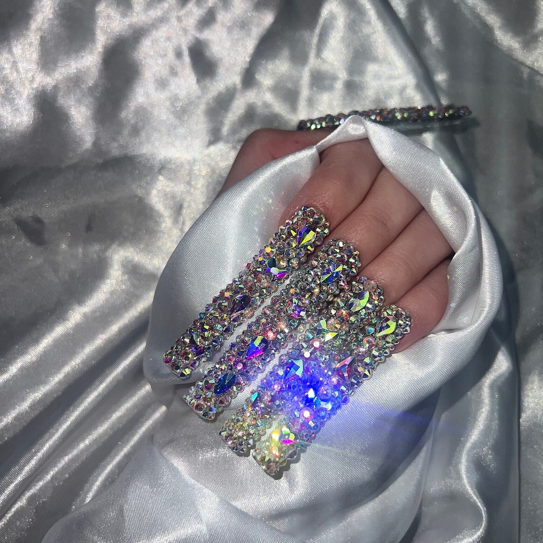 XXXL Square Full Bling Press on Nails Swarovski Extra Long Nails Custom ...