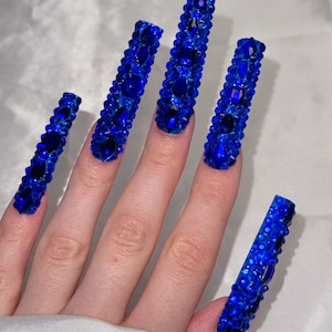 Blue Bling Press on Nails | Swarovski Extra Long Fake Extensions ...