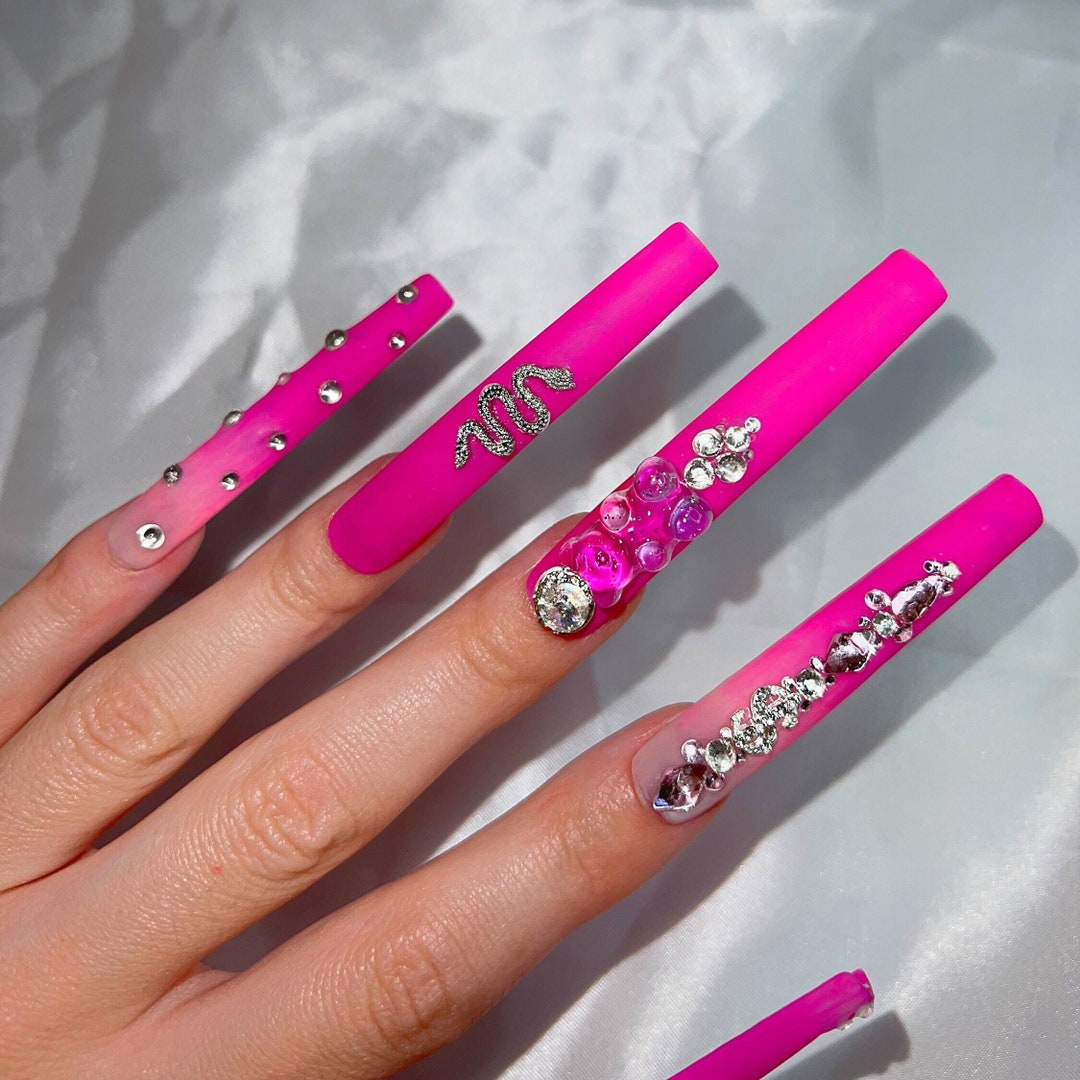 XXXL Press on Nails Bling Fake Nails Extension Long Press Ons Gems ...