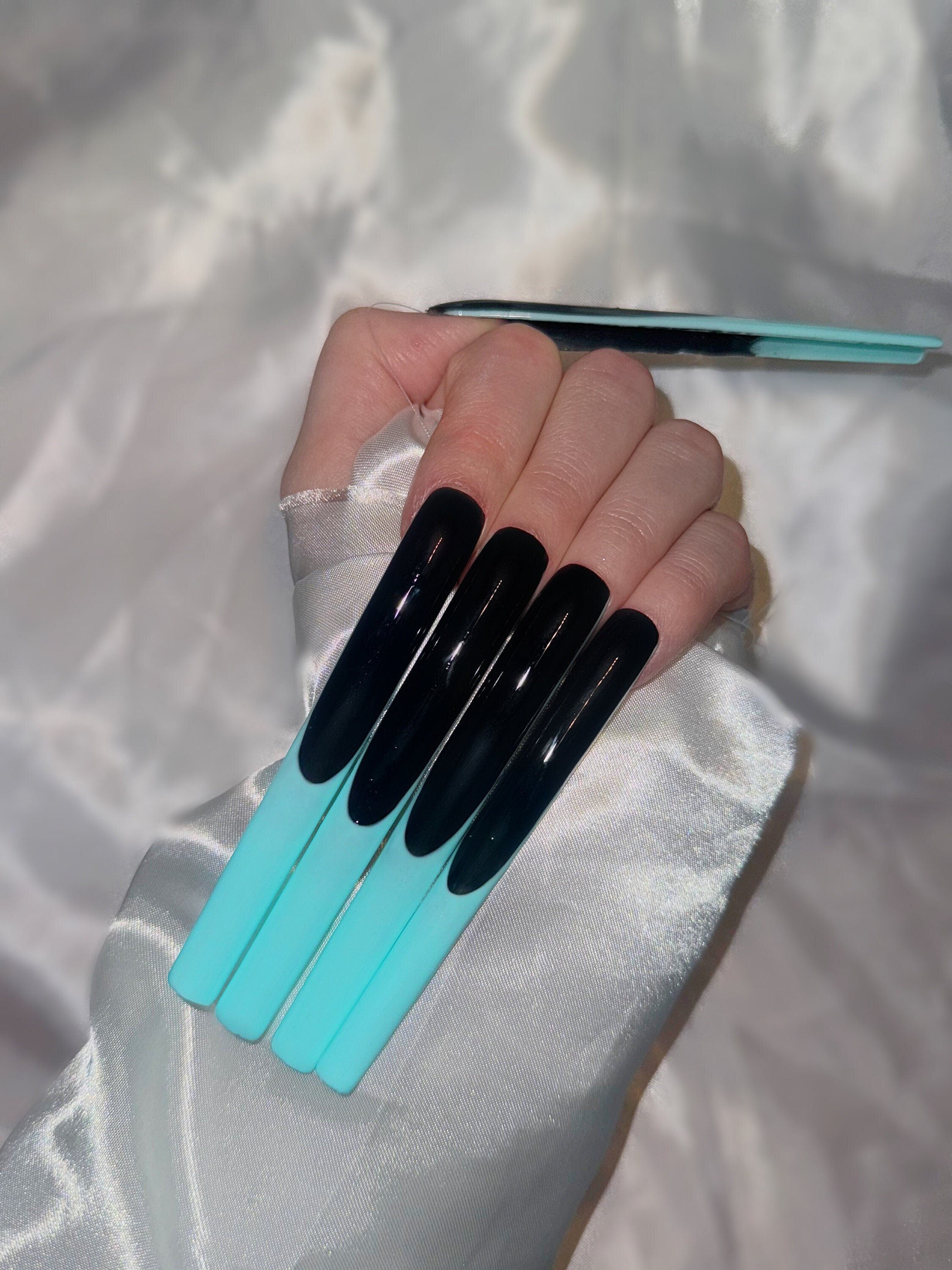 XXXL Blue French Press on Nails | Extra Long Fake Nails French | Luxury ...