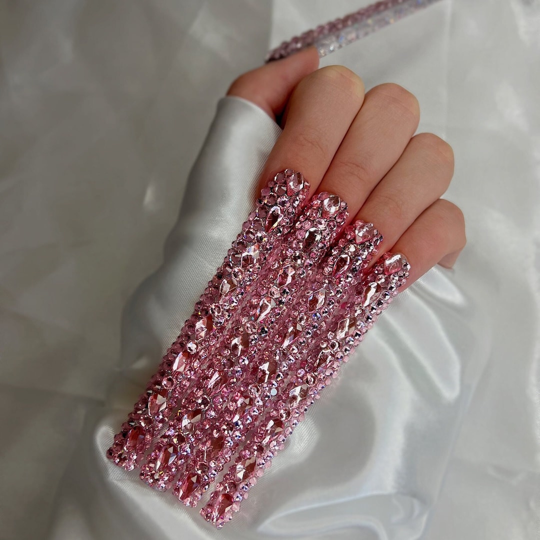 XXXL Square Full Bling Press on Nails Swarovski Extra Long Nails Custom ...