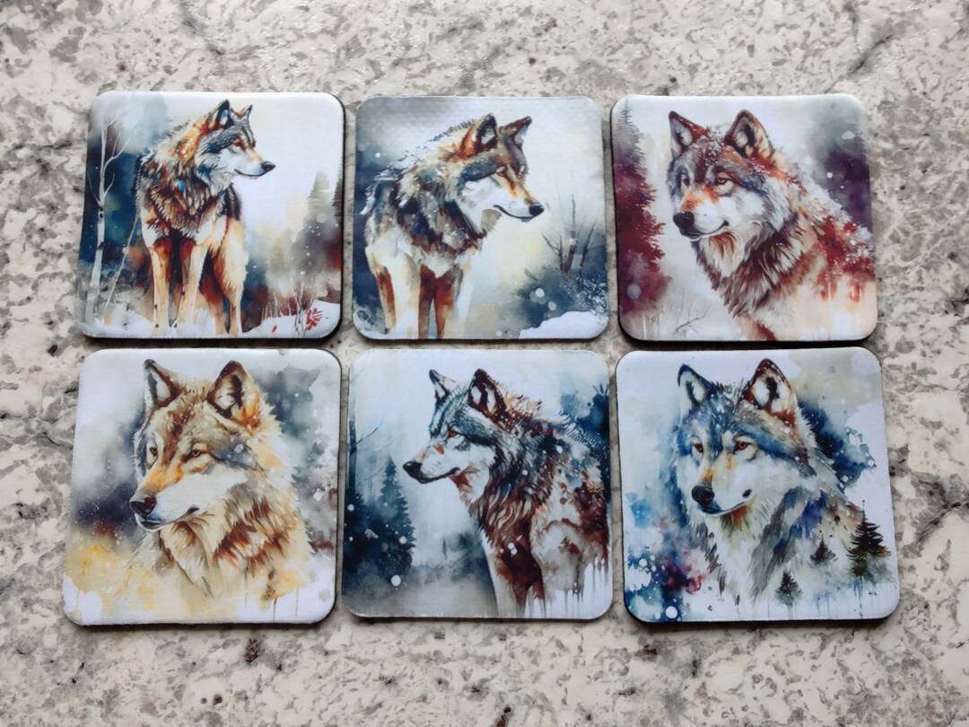 Wolf Beverage Coasters - 6 Beautiful Wolf Coasters- 3.93x3.93 Anti-skid ...