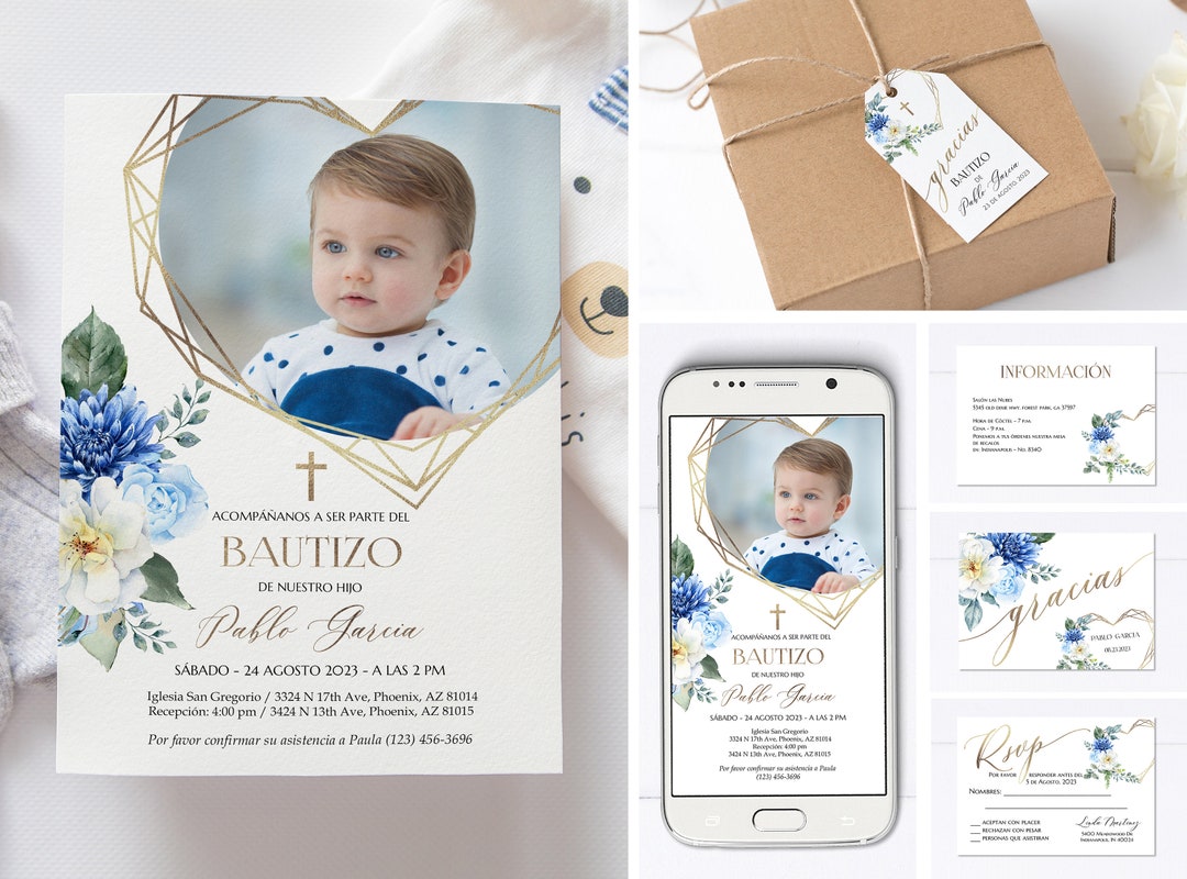 Blue Floral Photo Bautizo Invitation Set, Invitaciones De Bautizo, Mi ...