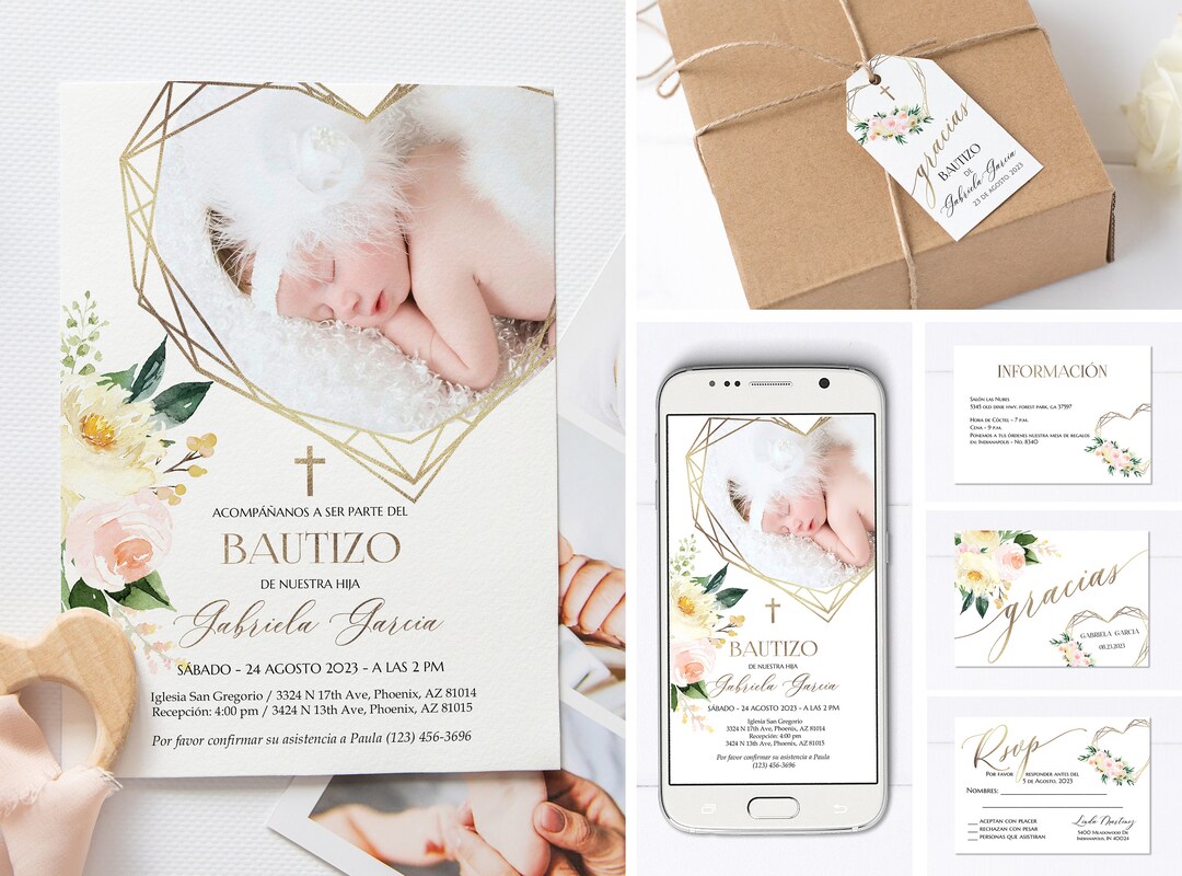 Pink Floral Photo Bautizo Invitation Set, Invitaciones De Bautizo, Mi ...